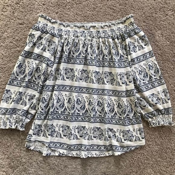 MELLODAY | Tops | Melloday Womens Large White Blue Off Shoulder Top ...